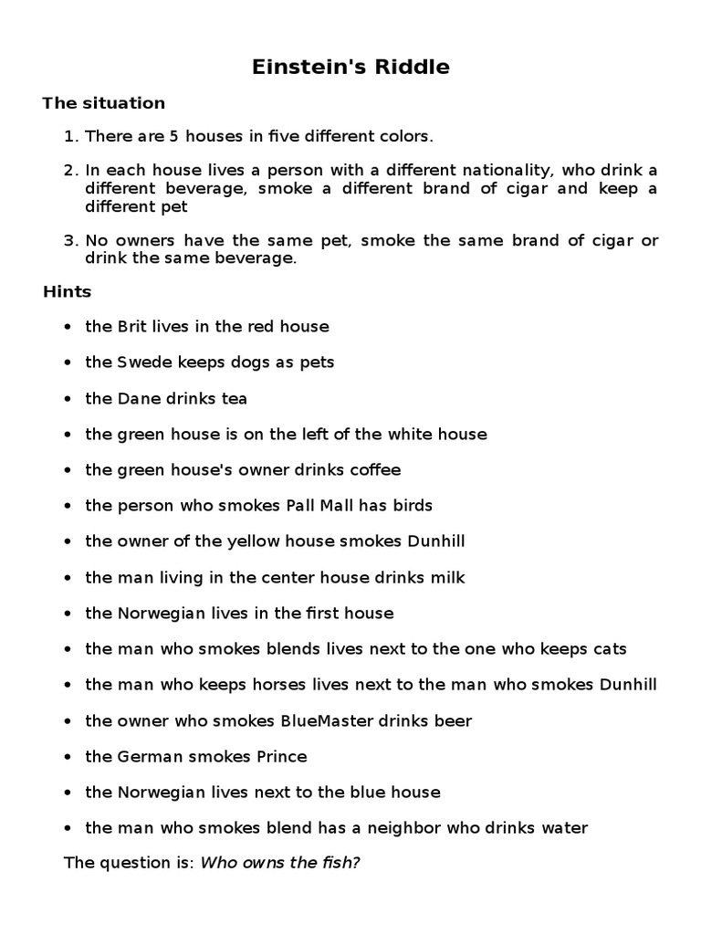Einstein Riddle Worksheet | PDF | Drink | Yellow