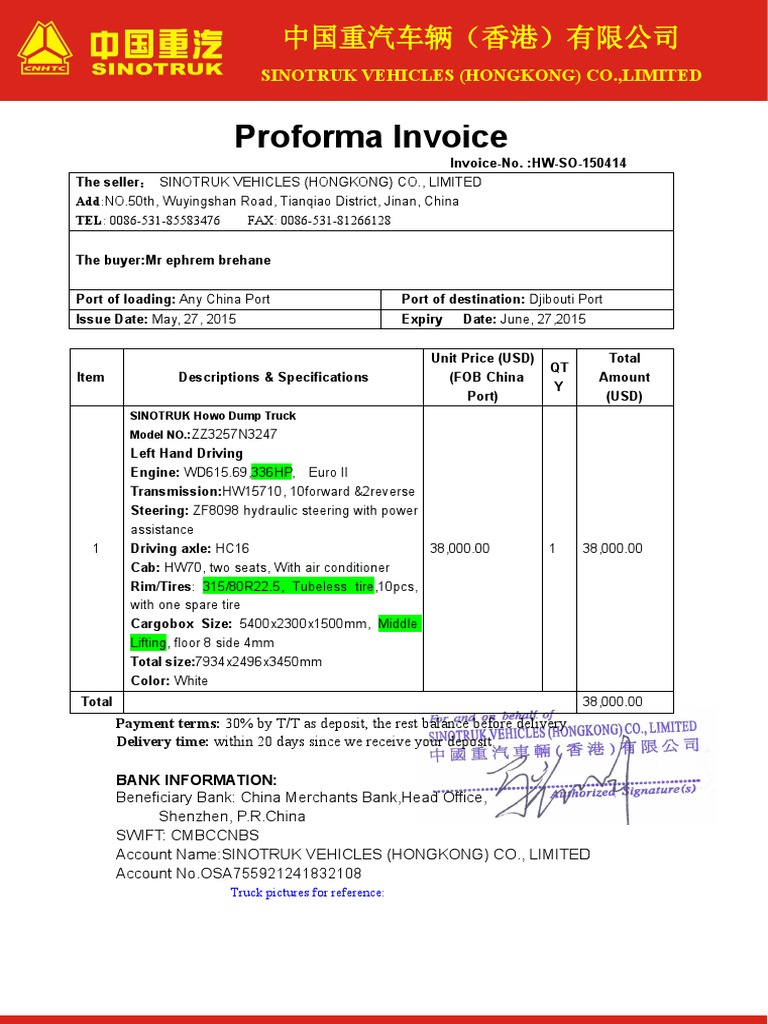 2014year Truck Model Proforma Invoice | PDF | Finance & Money Management
