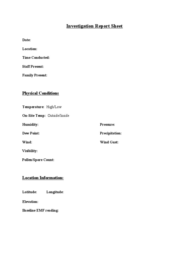 Investigation Report Sheet - Template | Paranormal | Forteana