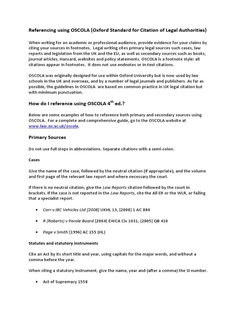 Referencing Using OSCOLA | PDF | Case Citation | Citation