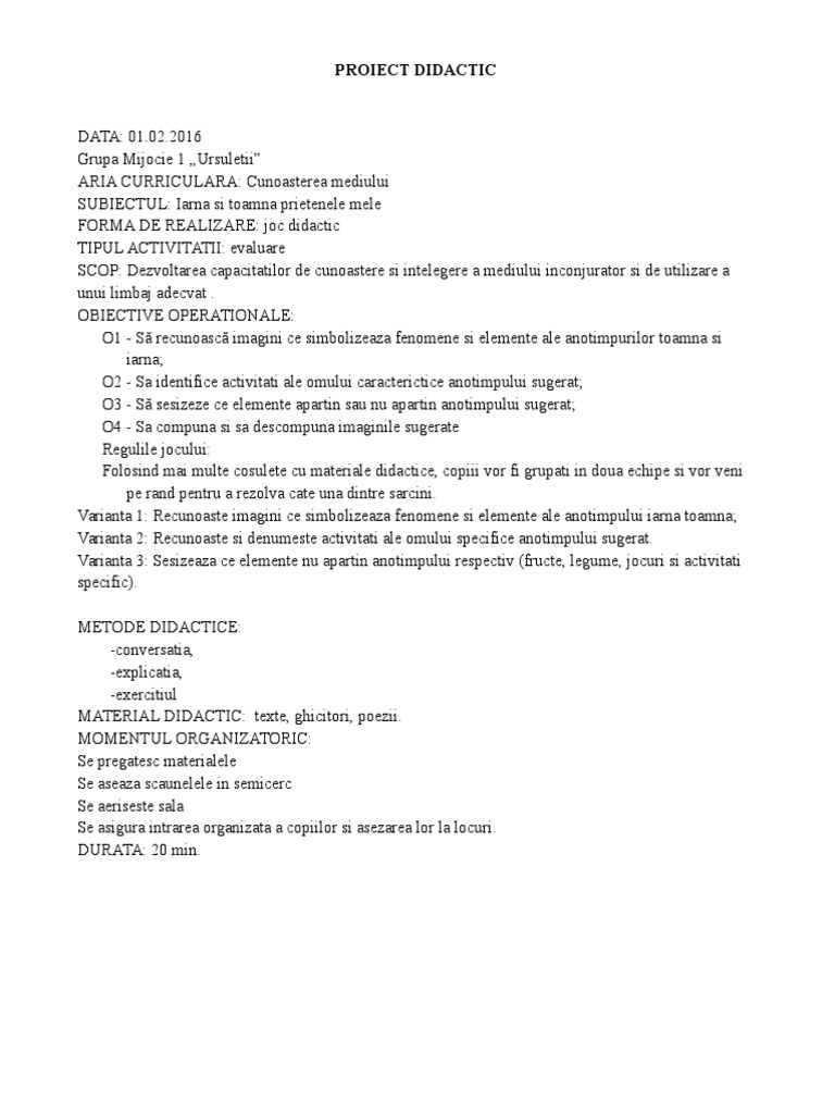 Proiect Didactic | PDF