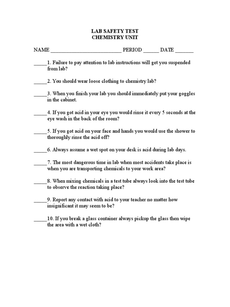 Chemistry Lab Safety Quiz | PDF