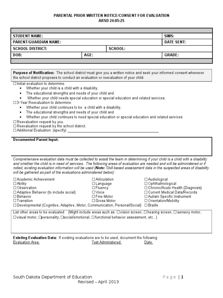 Parental Consent for Student Evaluation | PDF | Special Education ...