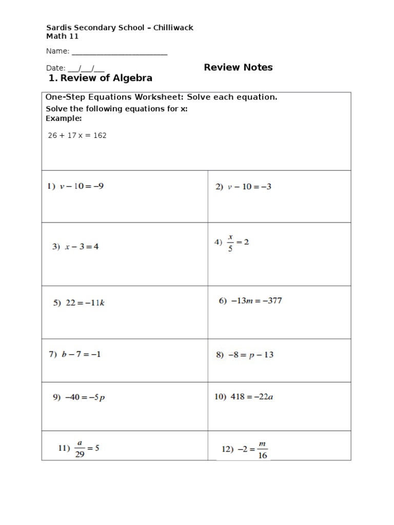 Review Notes 1. Review of Algebra: One-Step Equations Worksheet: Solve ...