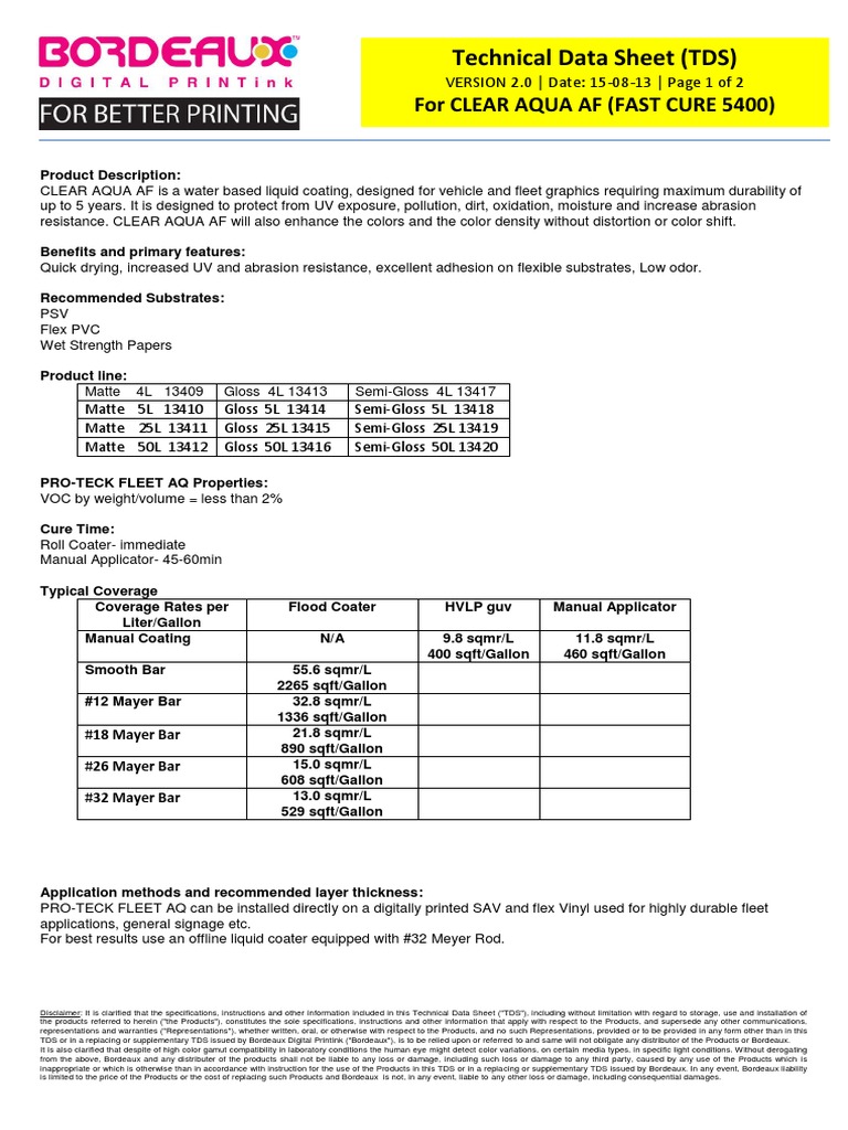 Technical Data Sheet (TDS) : For Clear Aqua Af (Fast Cure 5400) | PDF ...