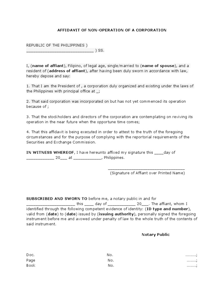 Affidavit of Non-Operation for Corporations | PDF
