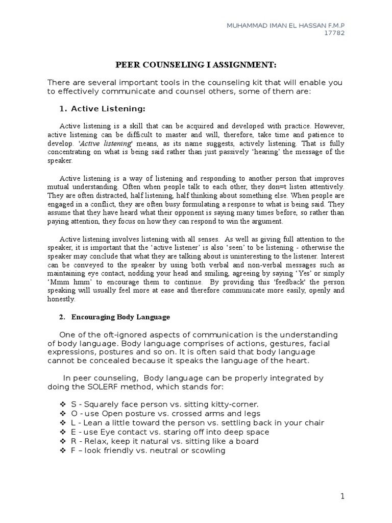 Peer Counseling I Assignment | PDF | Body Language | Psychology