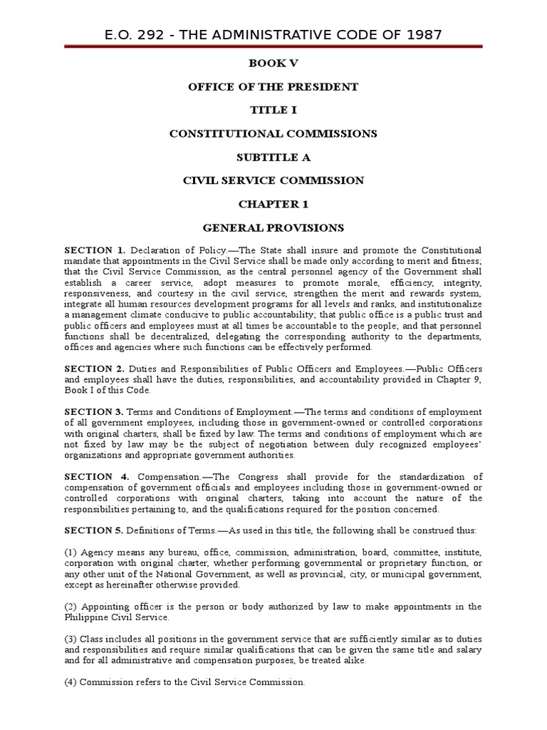 Eo 292 - Administrative Code of 1987 - Book V - Title 1 - CSC | PDF ...