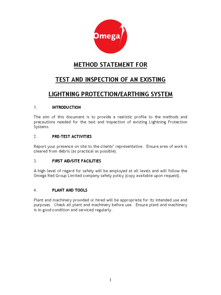 Method Statement For Test and Inspection of An Existing Lightning ...