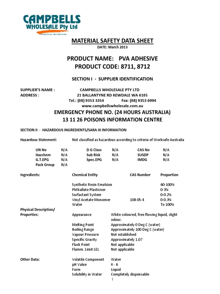 Material Safety Data Sheet Product Name: Pva Adhesive PRODUCT CODE ...