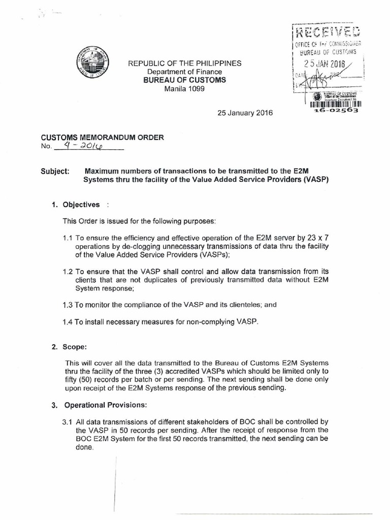 BOC CMO-4-2016 Maximum No. of Transactions To Be Transmitted To E2M ...