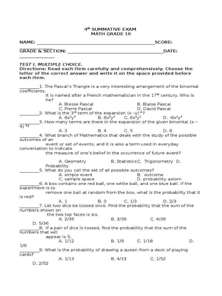 Grade 10 EXAM | PDF | Dice | Probability