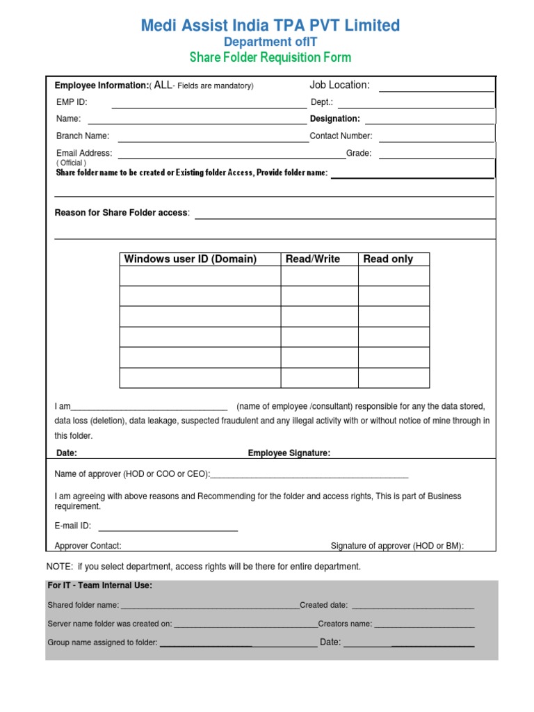 Medi Assist India TPA PVT Limited: Share Folder Requisition Form | PDF
