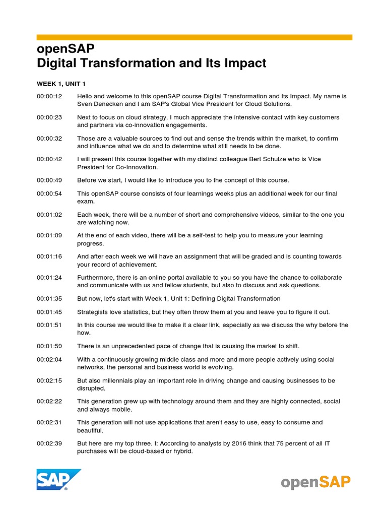 OpenSAP Dit1 Week 1 Transcript | PDF | Cloud Computing | Innovation