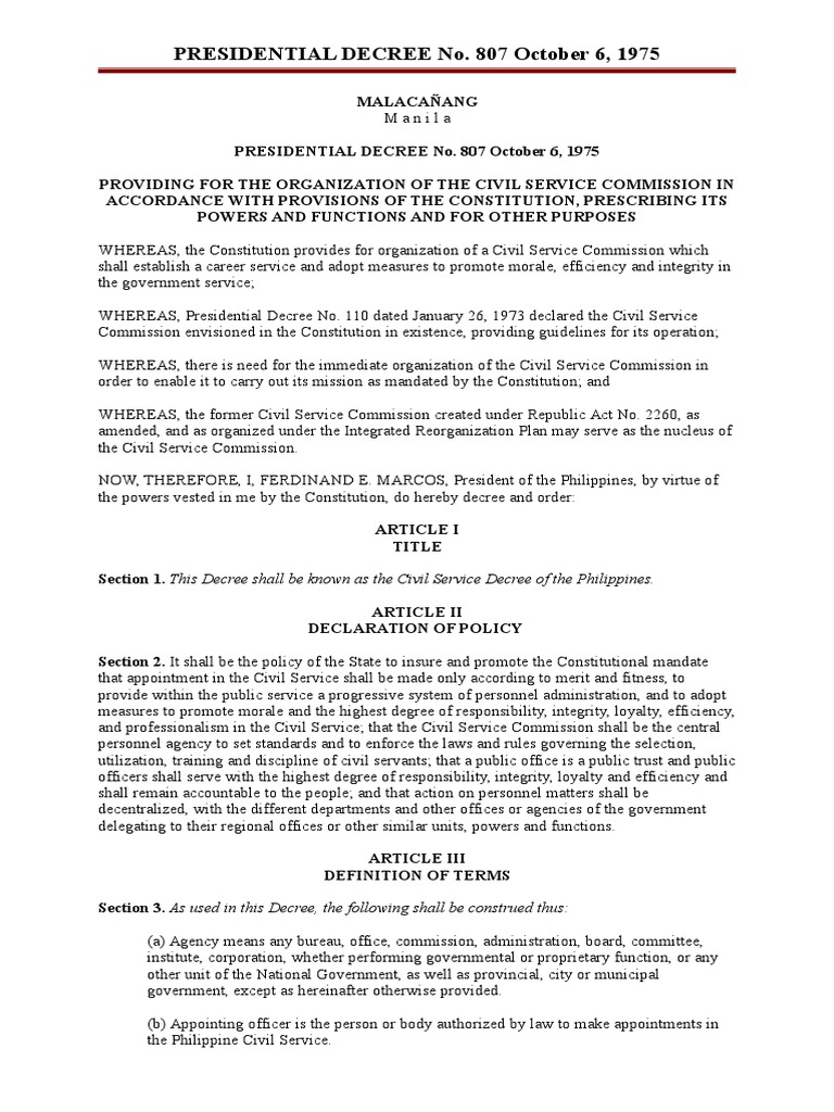 PD 807 - CSC | PDF | Civil Service | Employment