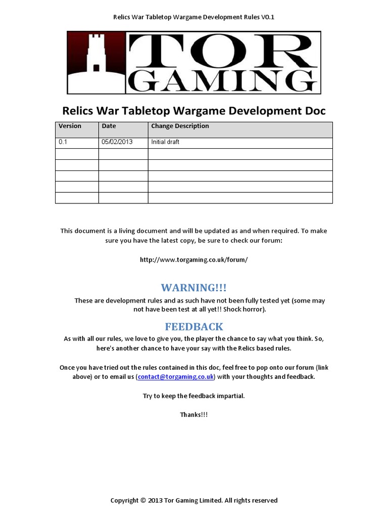 Relics War Tabletop Wargame Development Doc: Warning!!! Feedback | PDF ...