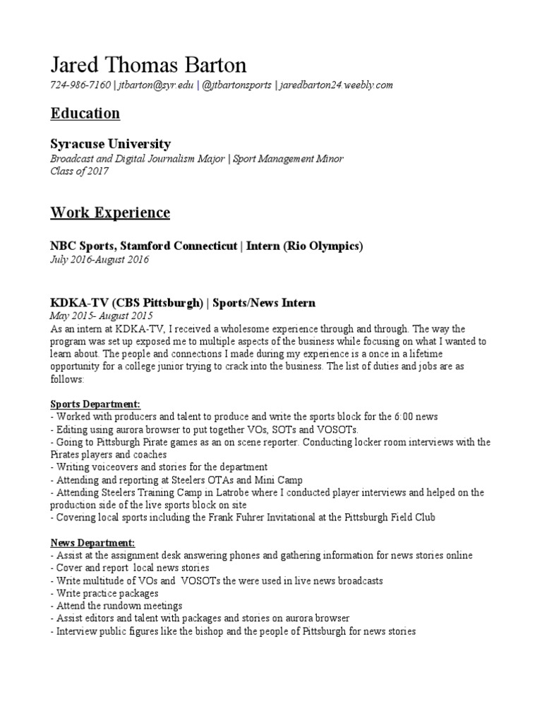 Jared Barton's Sports Media Resume | PDF | Television | Sports