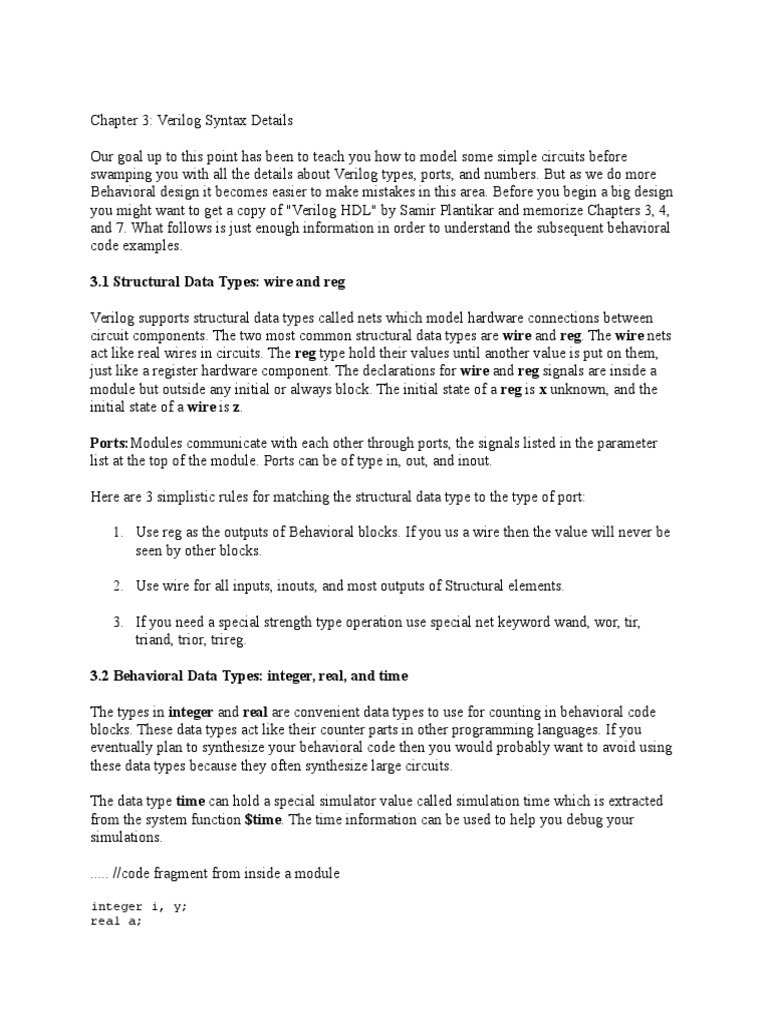 3.1 Structural Data Types: Wire and Reg: Integer I, y Real A | PDF | Array Data Structure | Data ...