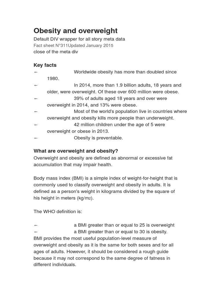 Obesity and Overweight Who Facts | PDF | Non Communicable Disease | Obesity