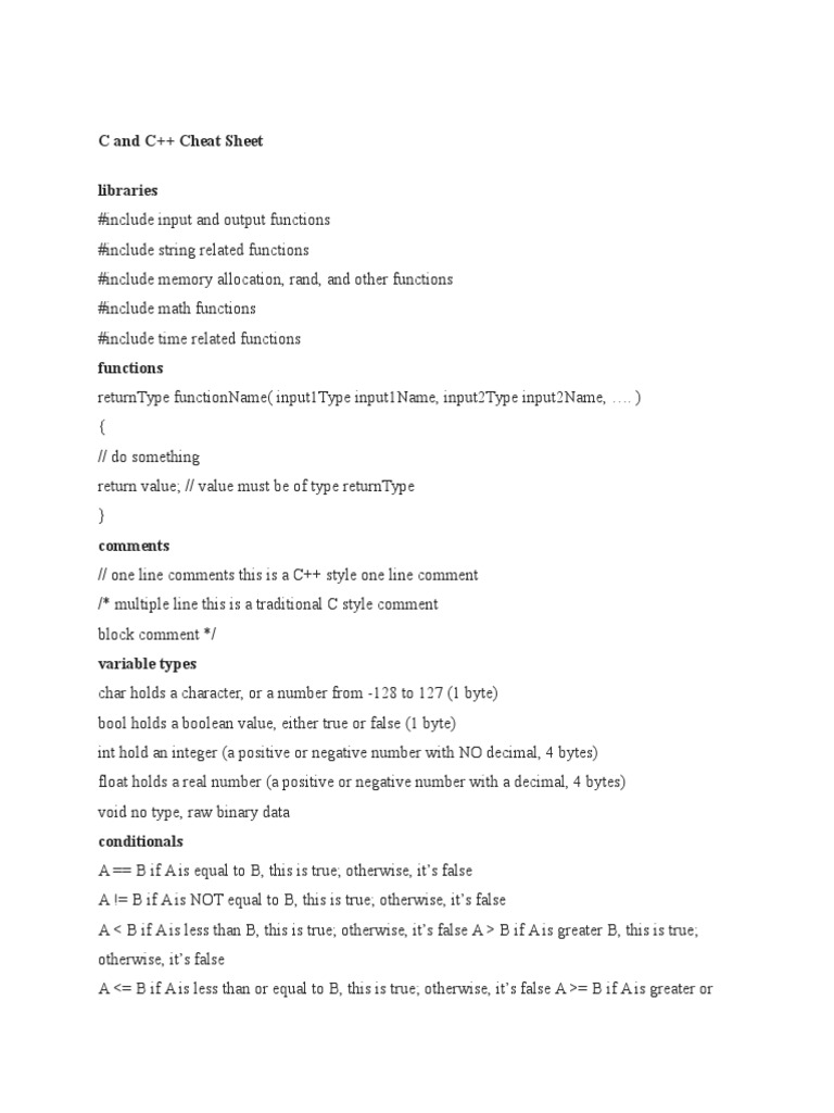 C and C++ Cheat Sheet Libraries | PDF | Boolean Data Type | Computer Engineering