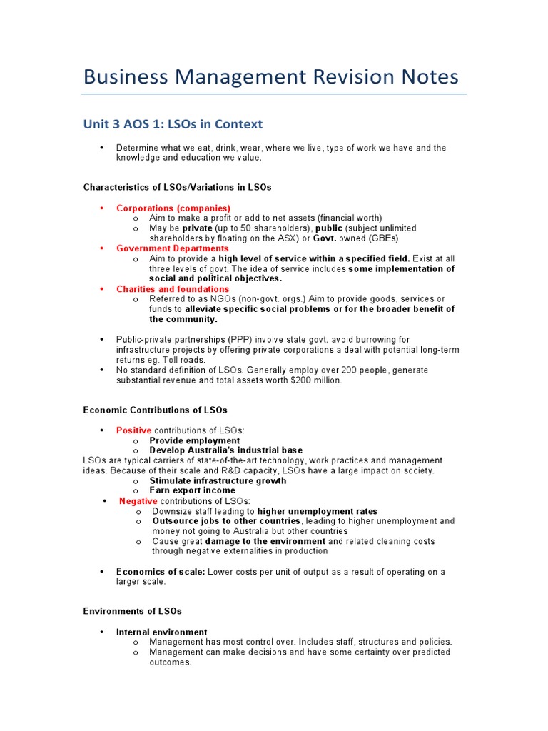 Business Management Revision Notes: Unit 3 Aos 1: Lsos in Context | PDF ...