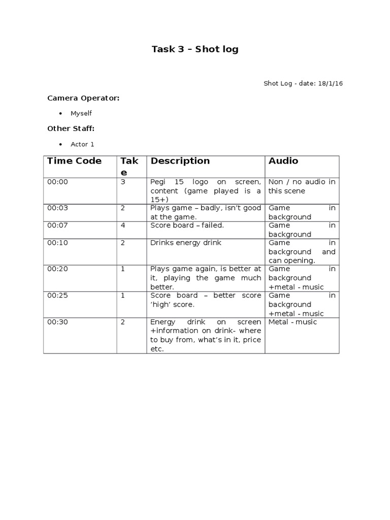 Shot Log for Gaming Video Production | PDF | Sports & Recreation ...