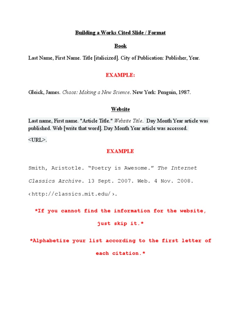 Works Cited Slide Formatting Guide | PDF