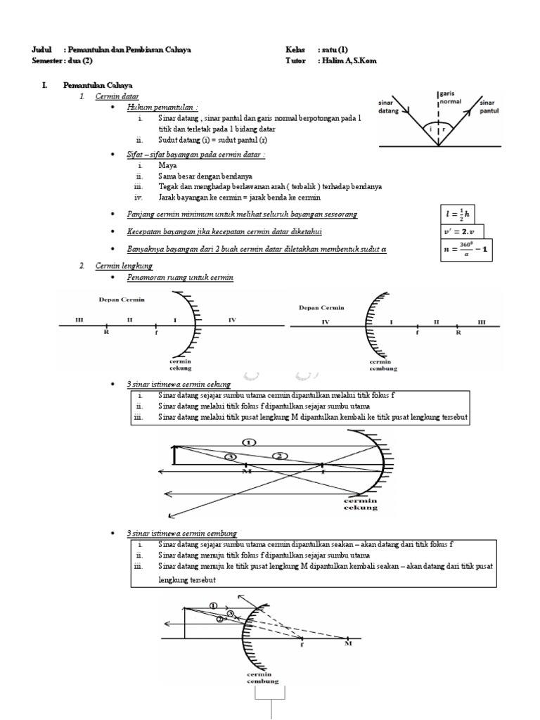 Rumus Fisika Kelas 1 Pemantulan Dan Pembiasan Cahaya | PDF