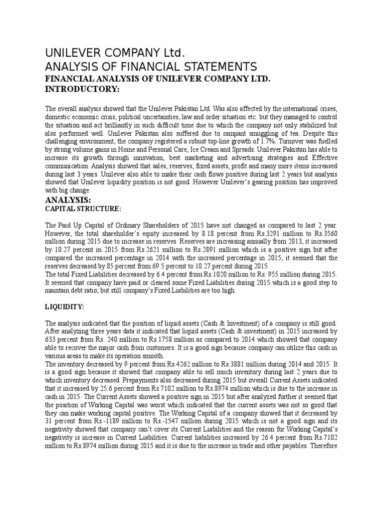 Unilever Financial Analysis | PDF | Leverage (Finance) | Working Capital