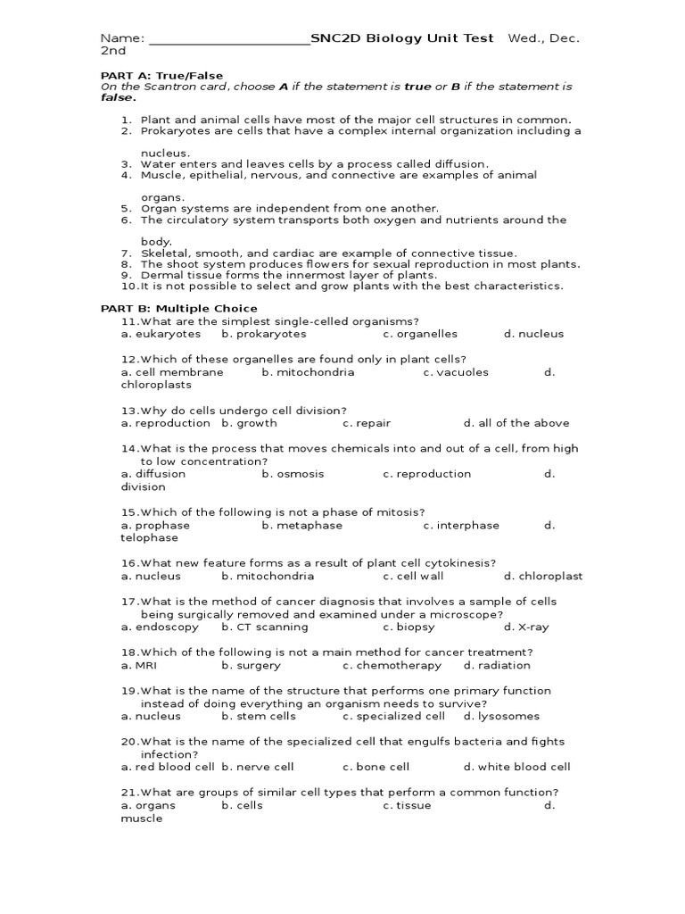 snc2d Biology Unit Test | PDF | Tissue (Biology) | Mitosis