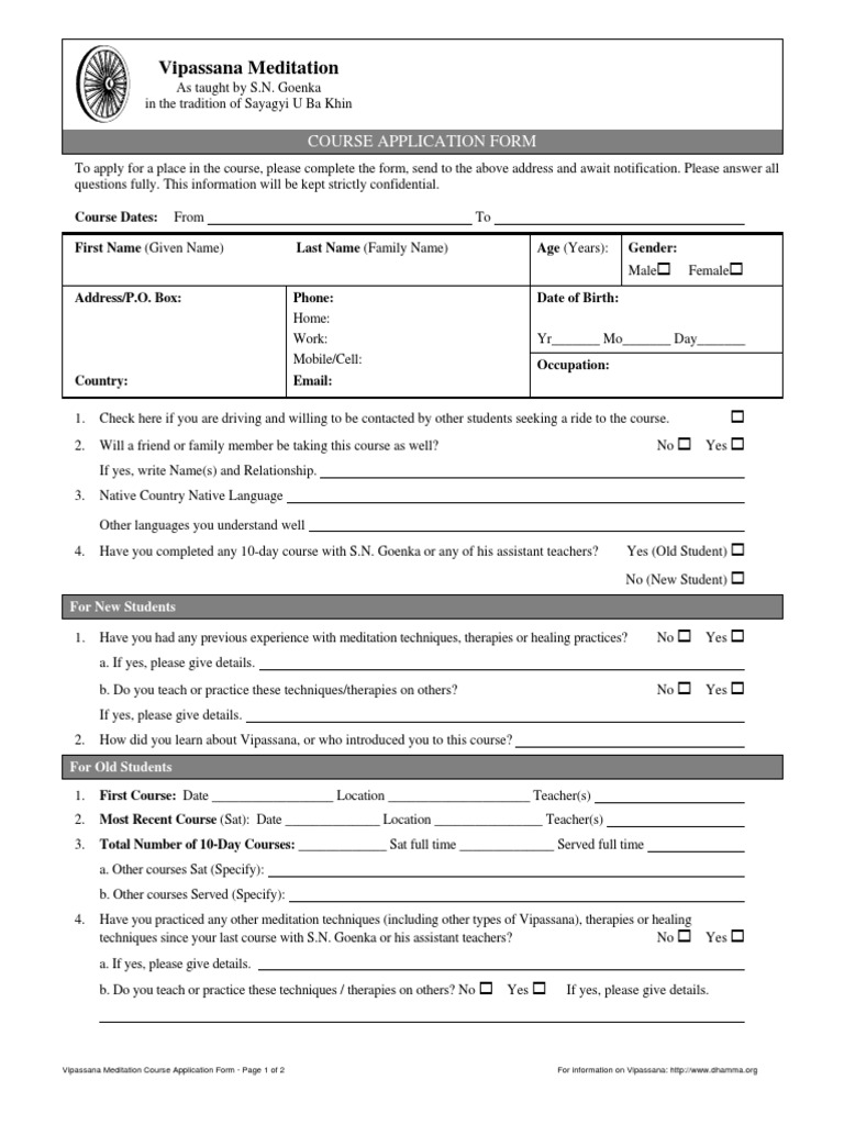 Vipassana Meditation: Course Application Form | PDF | Behavioural ...
