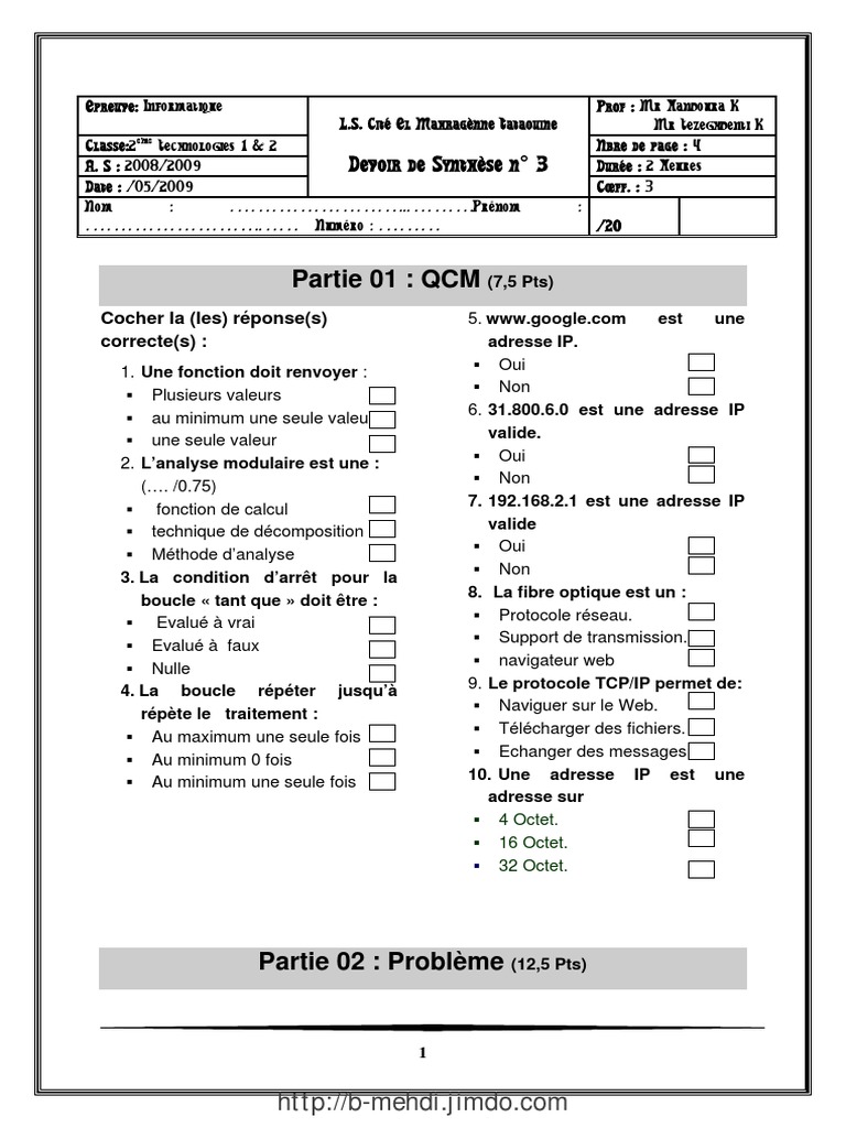 Devoir de synthèse N°3 - Informatique - 2ème Info (2008-2009) 4 ...