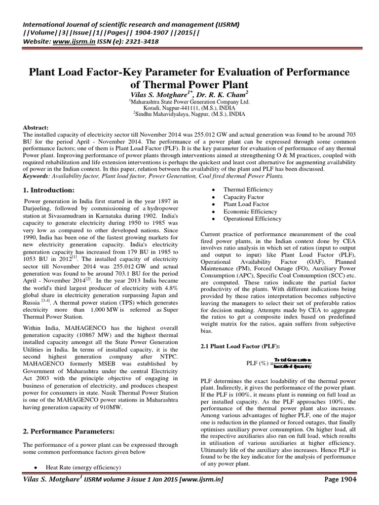 Plant Load Factor-Key Parameter For Evaluation of Performance of ...