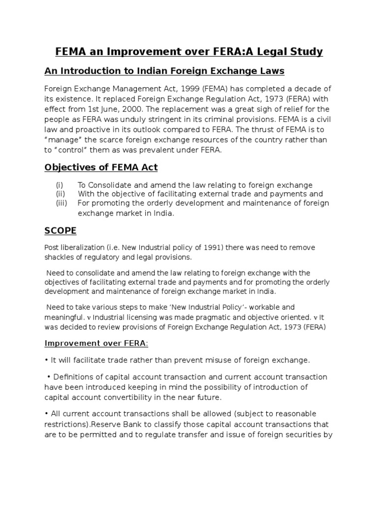 Fema Act Synopsis | PDF | Foreign Exchange Market | Reserve Bank Of India
