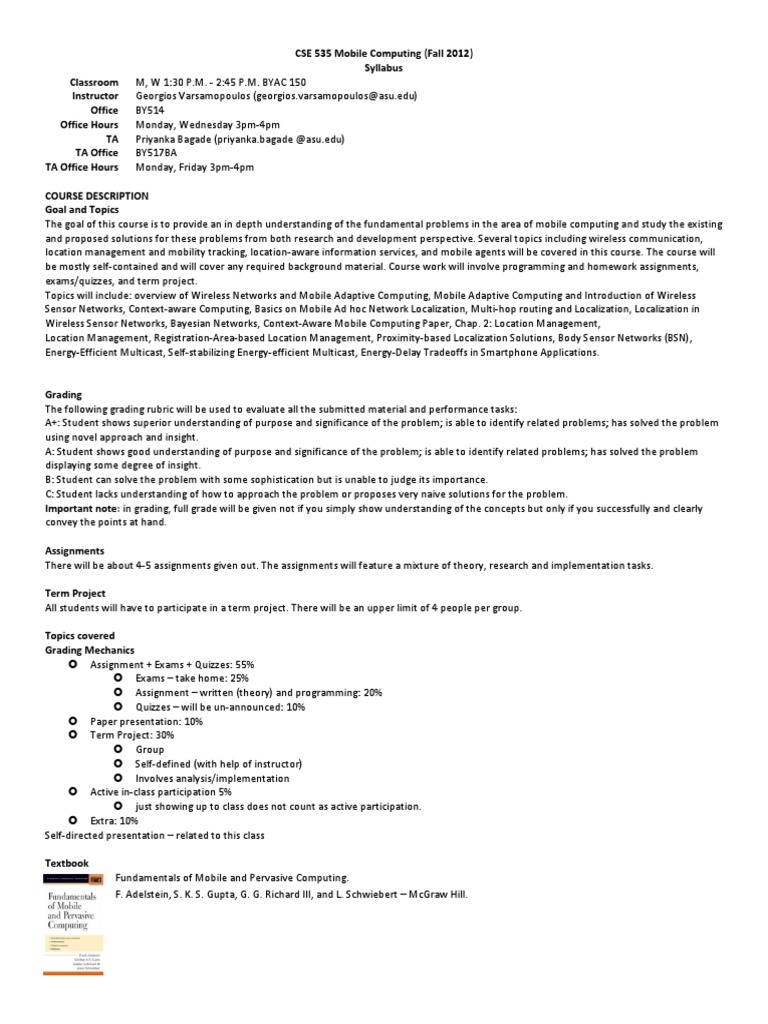 CSE 535 Mobile Computing Syllabus | PDF | Syllabus | Homework