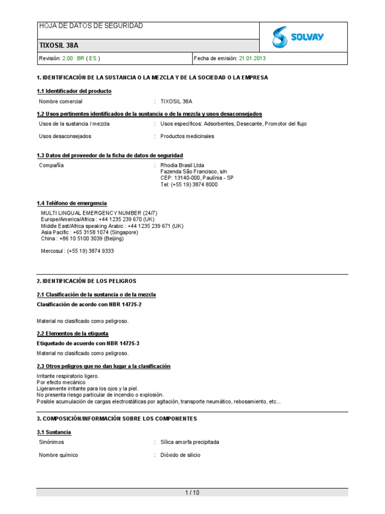 Rhodia - SDS - Tixosil® 38A - BR - ES | PDF | Toxicidad | Carcinógeno