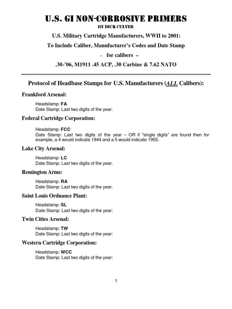 US Military Head Stamps | PDF | Cartridge (Firearms) | Firearms