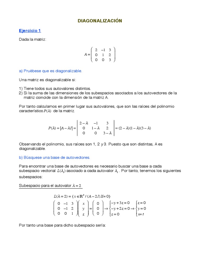 Ejercicios Resueltos Diagonalización de Matrices | PDF | Valores propios y vectores propios ...