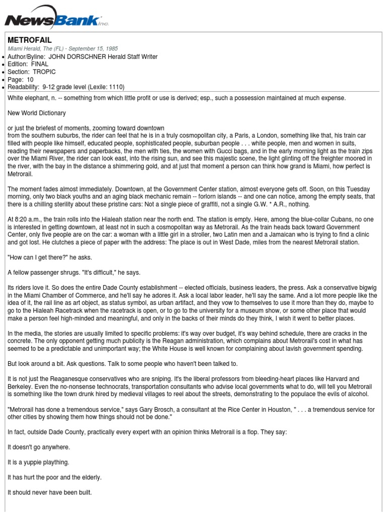 METROFAIL TROPIC Magazine, September 15, 1985, by JOHN DORSCHNER Herald ...