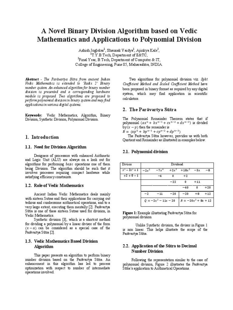 A Novel Binary Division Algorithm Based On Vedic Mathematics And Applications To Polynomial