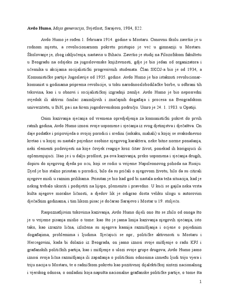Avdo Humo - Moja Generacija | PDF