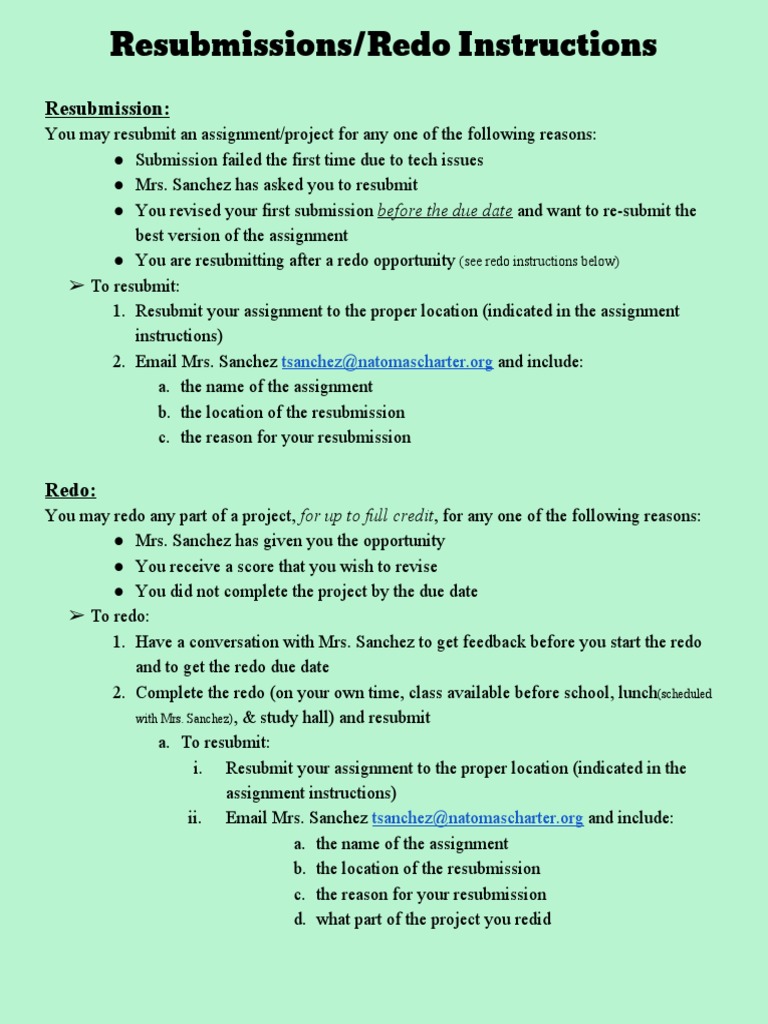 Resubmissions/Redo Instructions: Resubmission | PDF