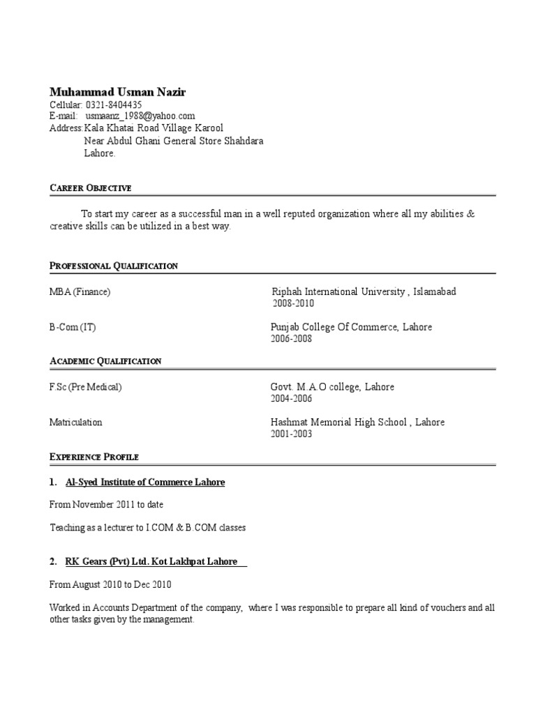 Muhammad Usman Nazir - Resume Summary | PDF | Career & Growth