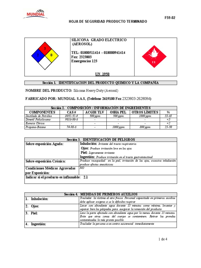 MSDS Silicona Grado Electrico Aerosol | Primeros auxilios | Aerosol