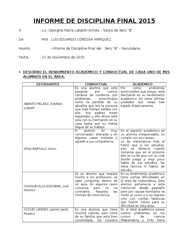 Modelo Informe de Disciplina 2015 | PDF | Cognición | Conceptos ...