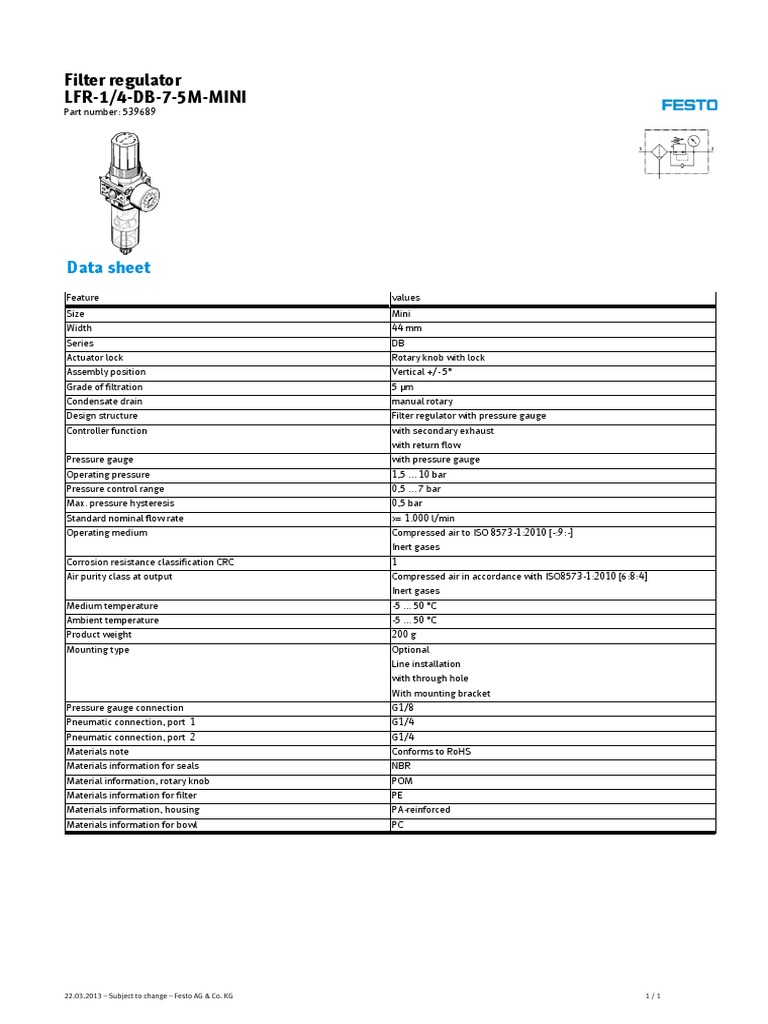 Festo Mini Filter Regulator LFR-1/4-DB | PDF | Filtration | Pressure ...