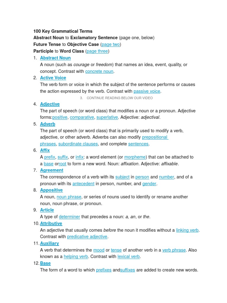 100 Key Grammatical Terms | PDF | Verb | Noun