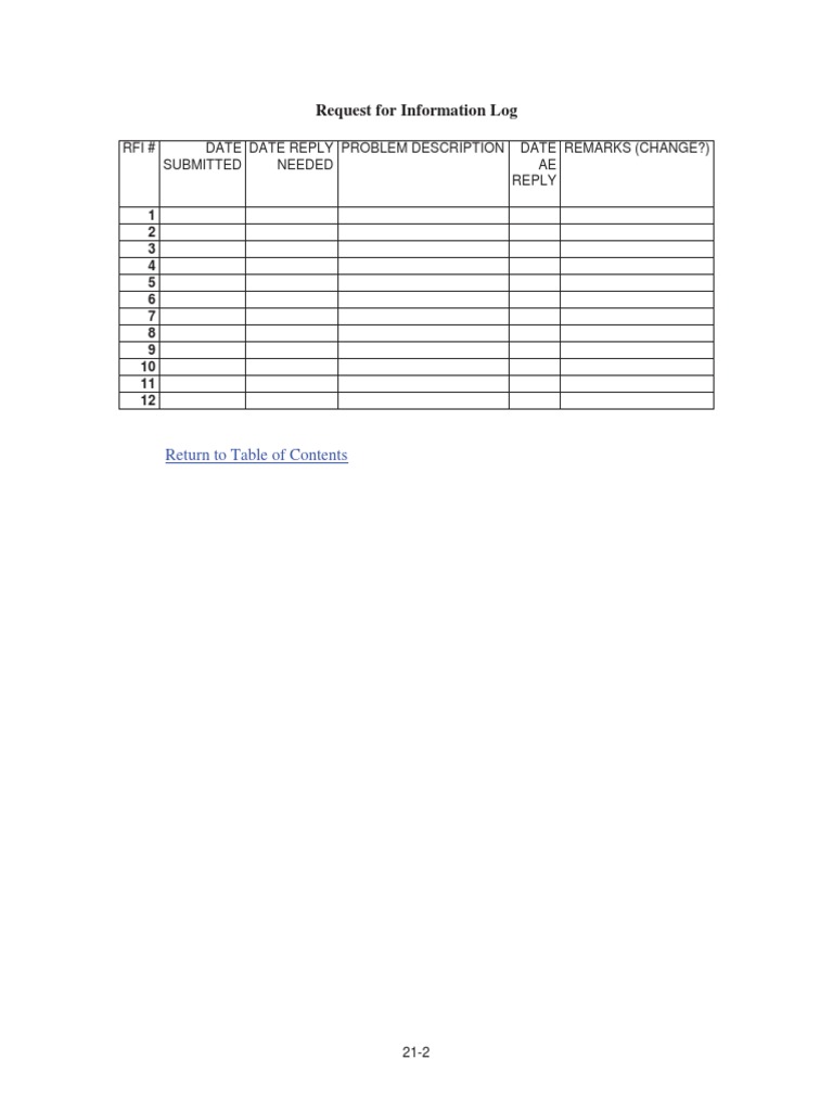 Request For Information Log: Return To Table of Contents | PDF ...