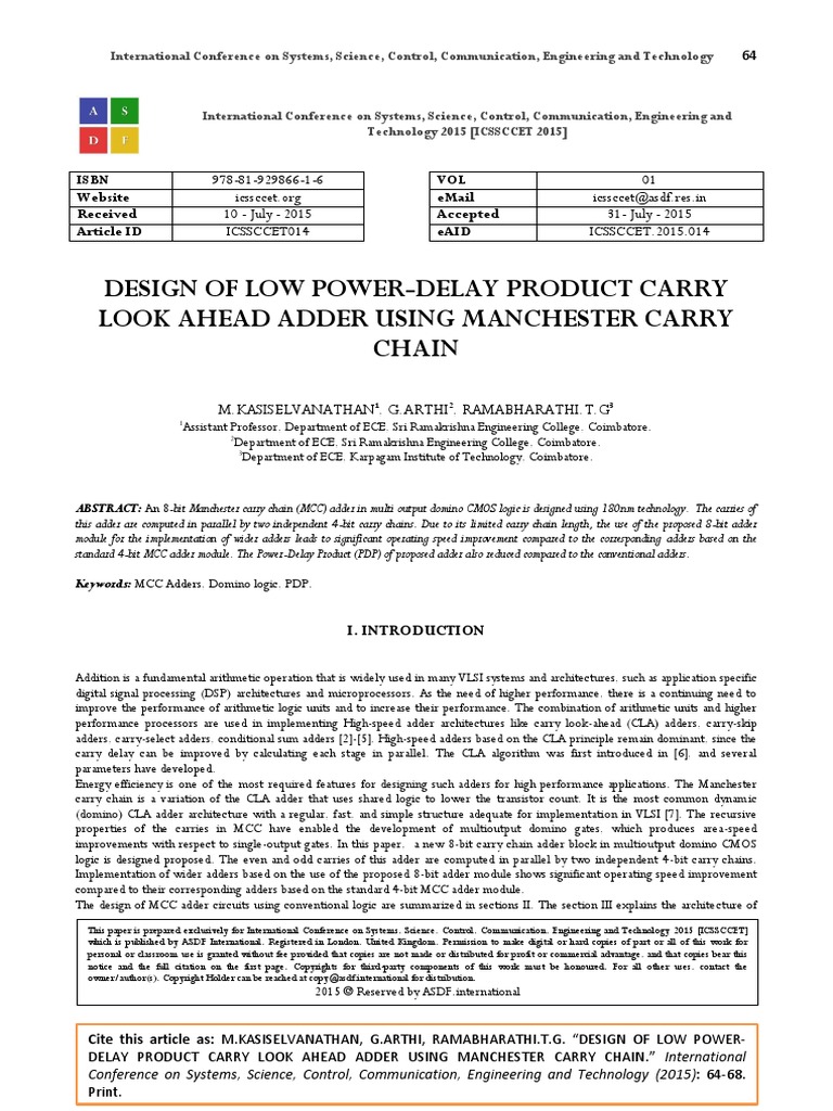 Design of Low Power-Delay Product Carry Look Ahead Adder Using Manchester Carry Chain | PDF ...
