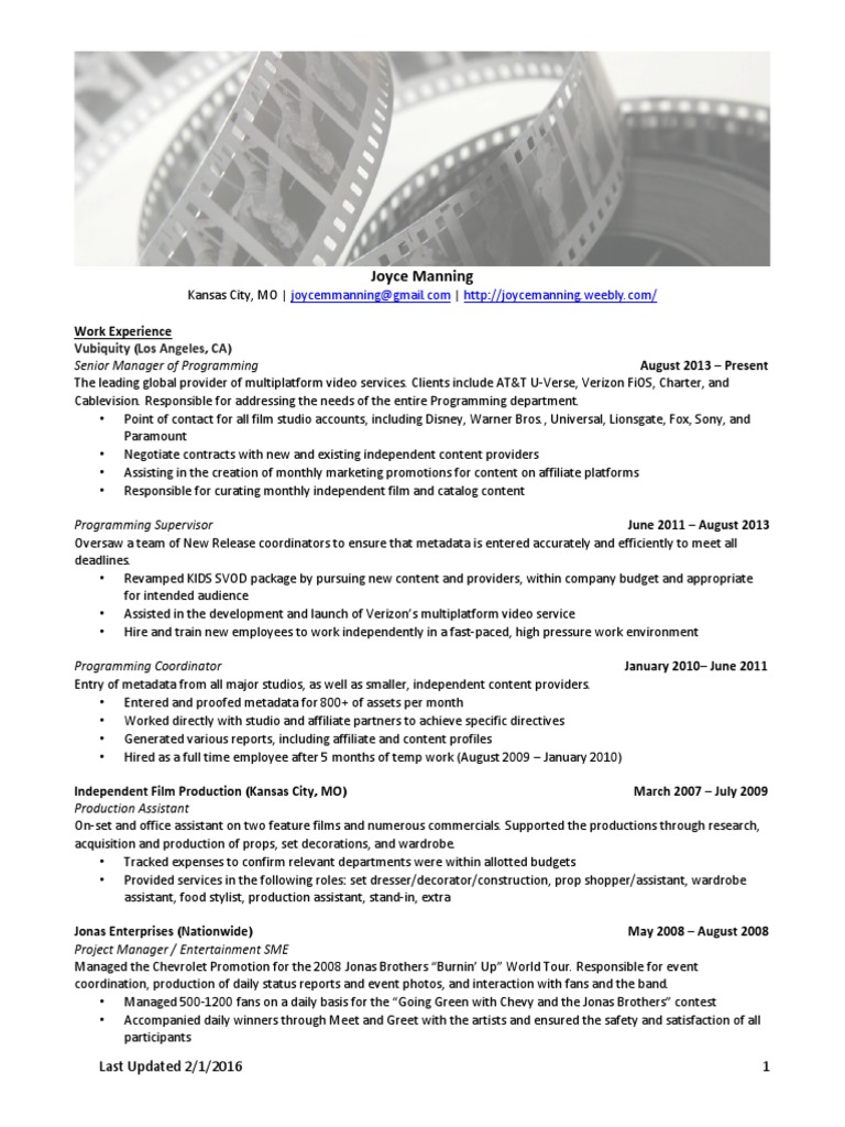 Resume Joyce Manning | PDF | Television | Business